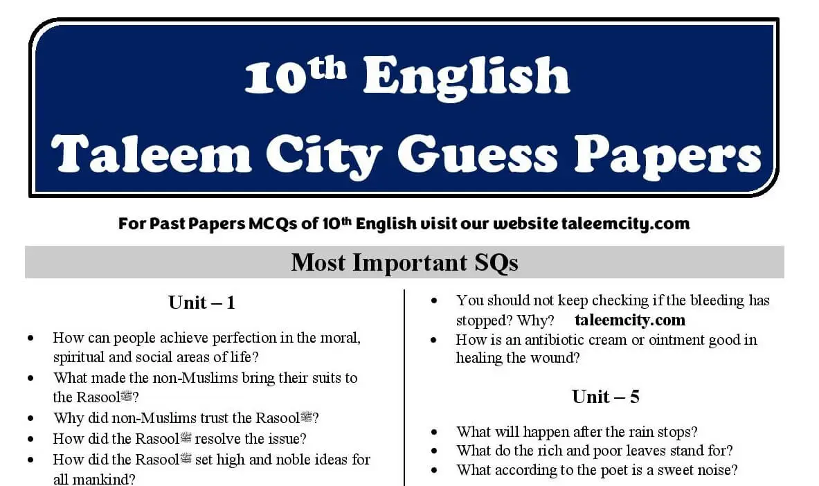 10th Class English Guess Paper 2025 | Punjab Board - Taleem City